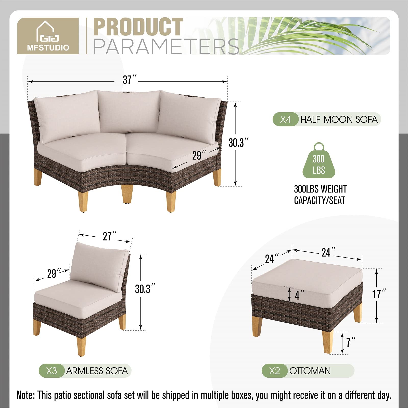 MFSTUDIO 7 Pieces Wicker Patio Furniture Set, All-Weather Rattan Outdoor Half-Moon Curved Sectional Sofa Set for Garden, Backyard, 4 x Curved Sofa, 1 x armless Sofa, 2 x Ottomans