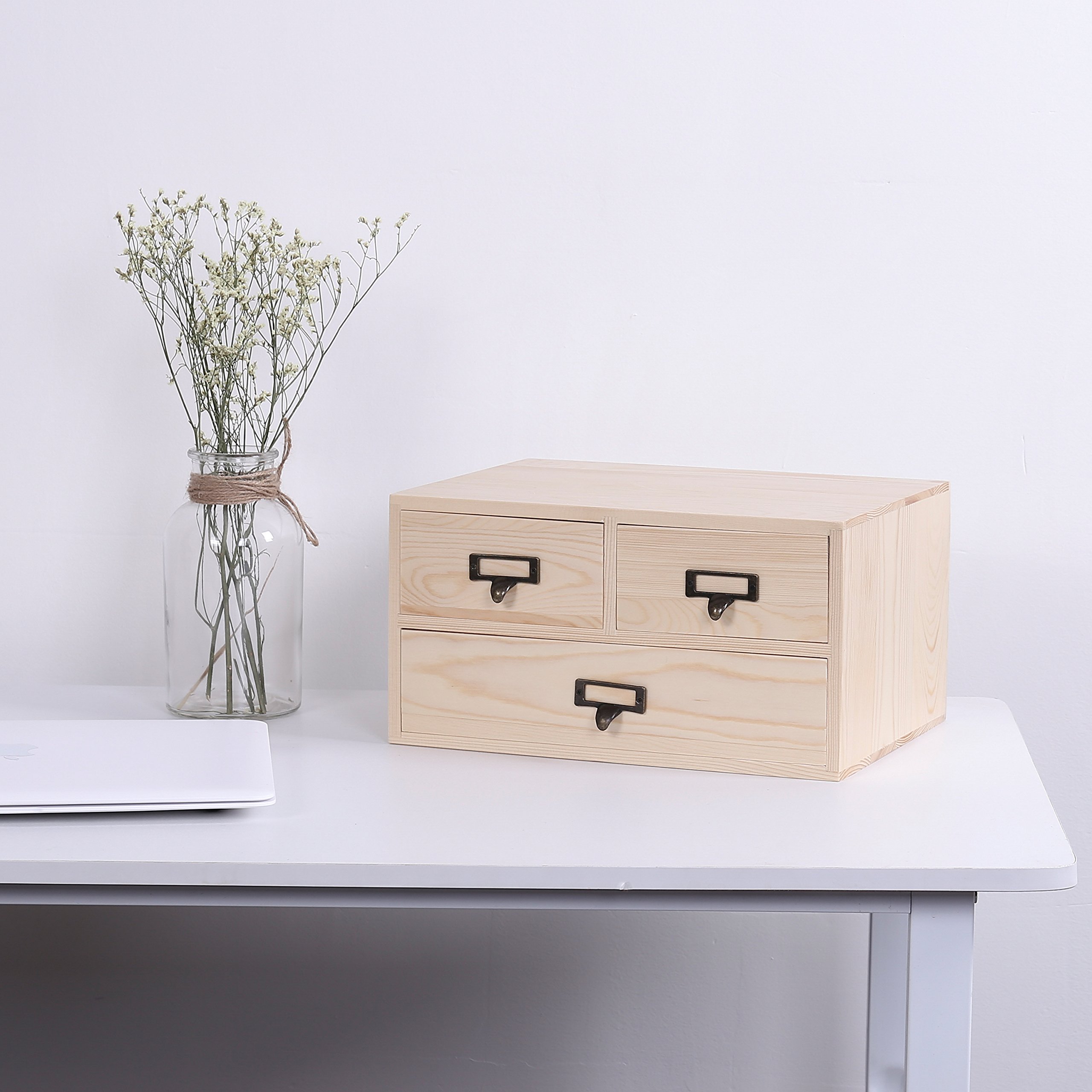 MyGift Natural Beige Wood Desktop Storage Cabinet with 3 Drawers, Small Wooden Box Organizer for Office Supplies, Sewing Kits and Accessories
