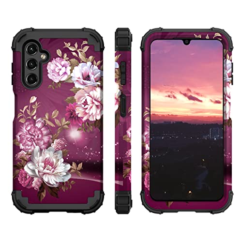Hocase Heavy Duty Shockproof Protection Soft Silicone Rubber Bumper+Hard Plastic Hybrid Protective Case for Samsung Galaxy A14 5G (6.6" Display) 2023 - Burgundy Flowers