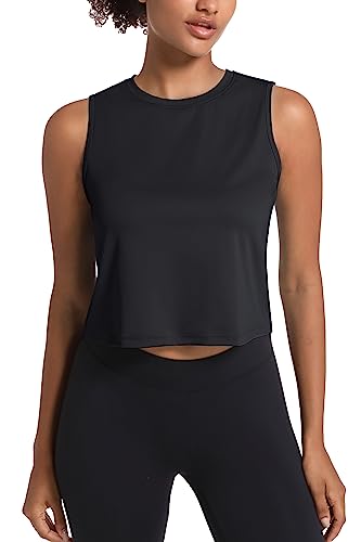 MAGCOMSEN Women's Crop Tops UPF 50+ Athletic Running Workout Cropped Tank Tops Sleeveless Gym Sports Muscle Shirts Black S