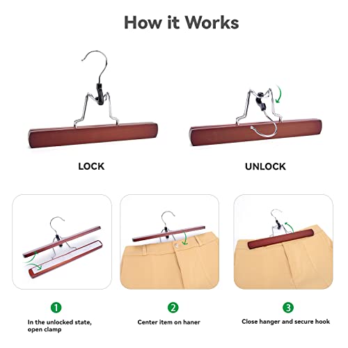 Nature Smile Wooden Pants Skirt Hangers, Smooth Finish Solid Wood Non Slip Jeans Slack Clamp Hangers Hair Extension Hangers (10 Pack Cherry)