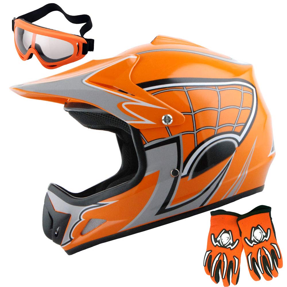 WOW Youth Motocross Helmet BMX MX ATV Dirt Bike Helmet Spider Web Orange + Goggles + Martian Orange Glove Kids Bundle