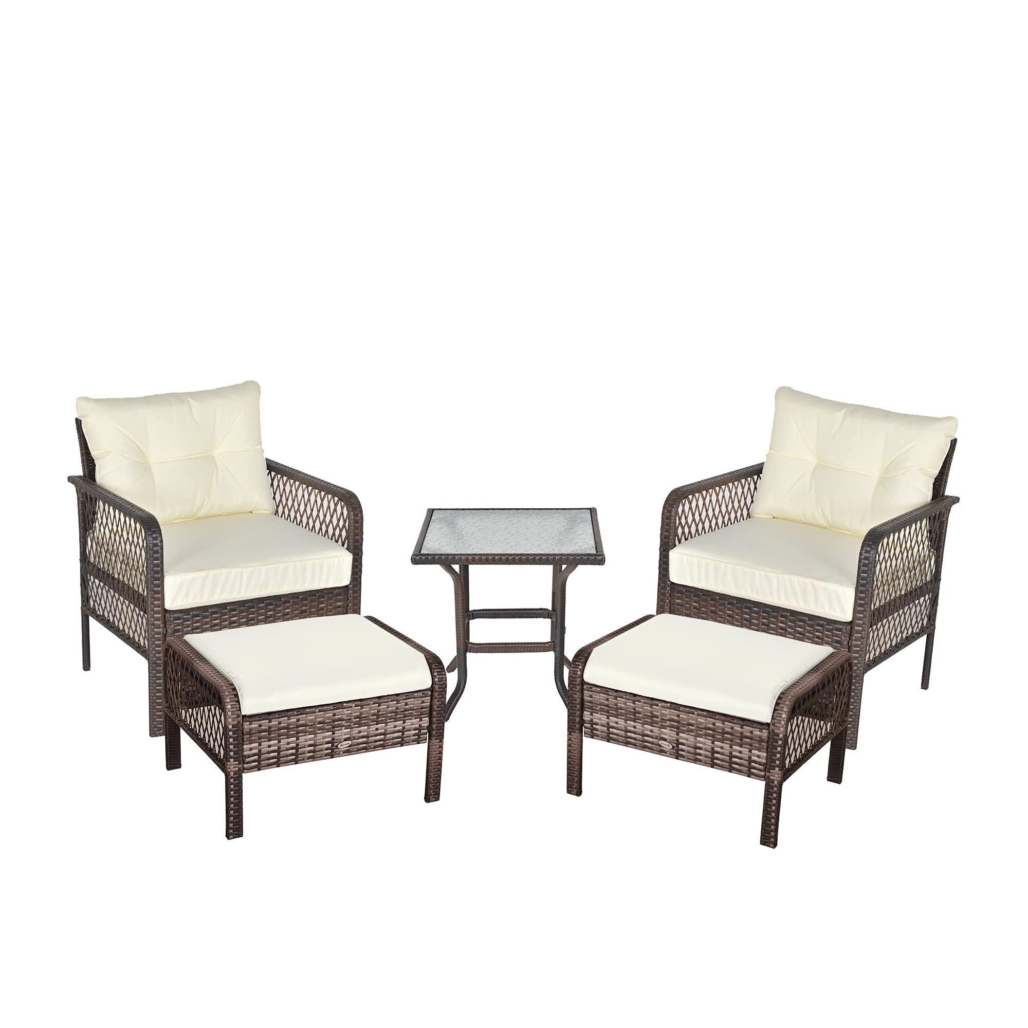 Outsunny 5-Piece PE Wicker Patio Furniture Set, Conversation Set with Outdoor Ottomans, Table & Chairs, Small Balcony Furniture for Apartments, Steel, Cream White