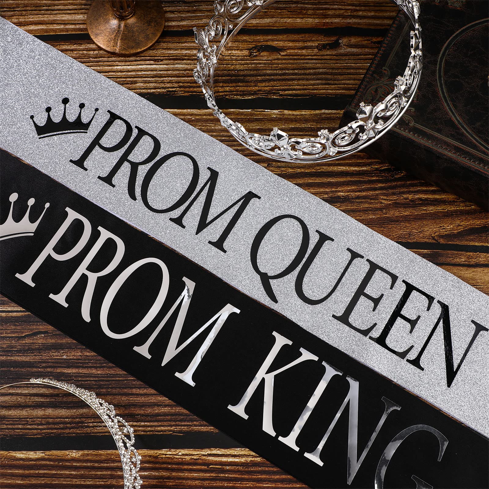 Lyrow 4 Pcs Prom King and Queen Crown Set with Sashes and Tiara Prom Sashes for Graduation Halloween Costume(Silver, Silver)