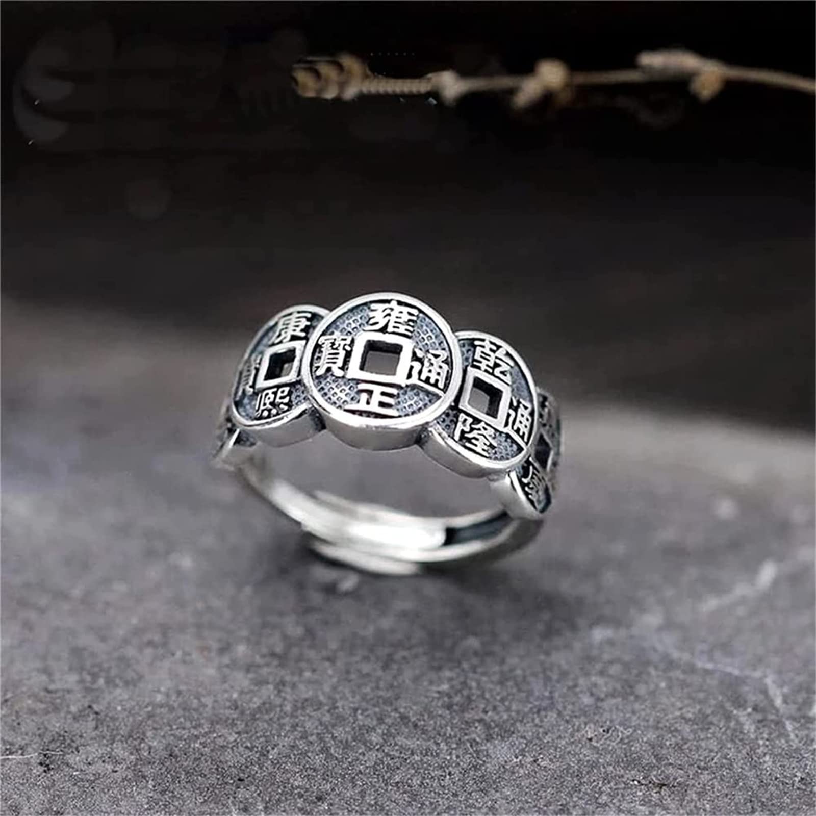 Five Emperor Coin Auspicious Ring,Retro Lucky Index Finger Ring Silver, Vintage Handmade Open Adjustable Ring Lucky Coin,Unisex Attract Wealth Money and Good Luck Ring (Silver)