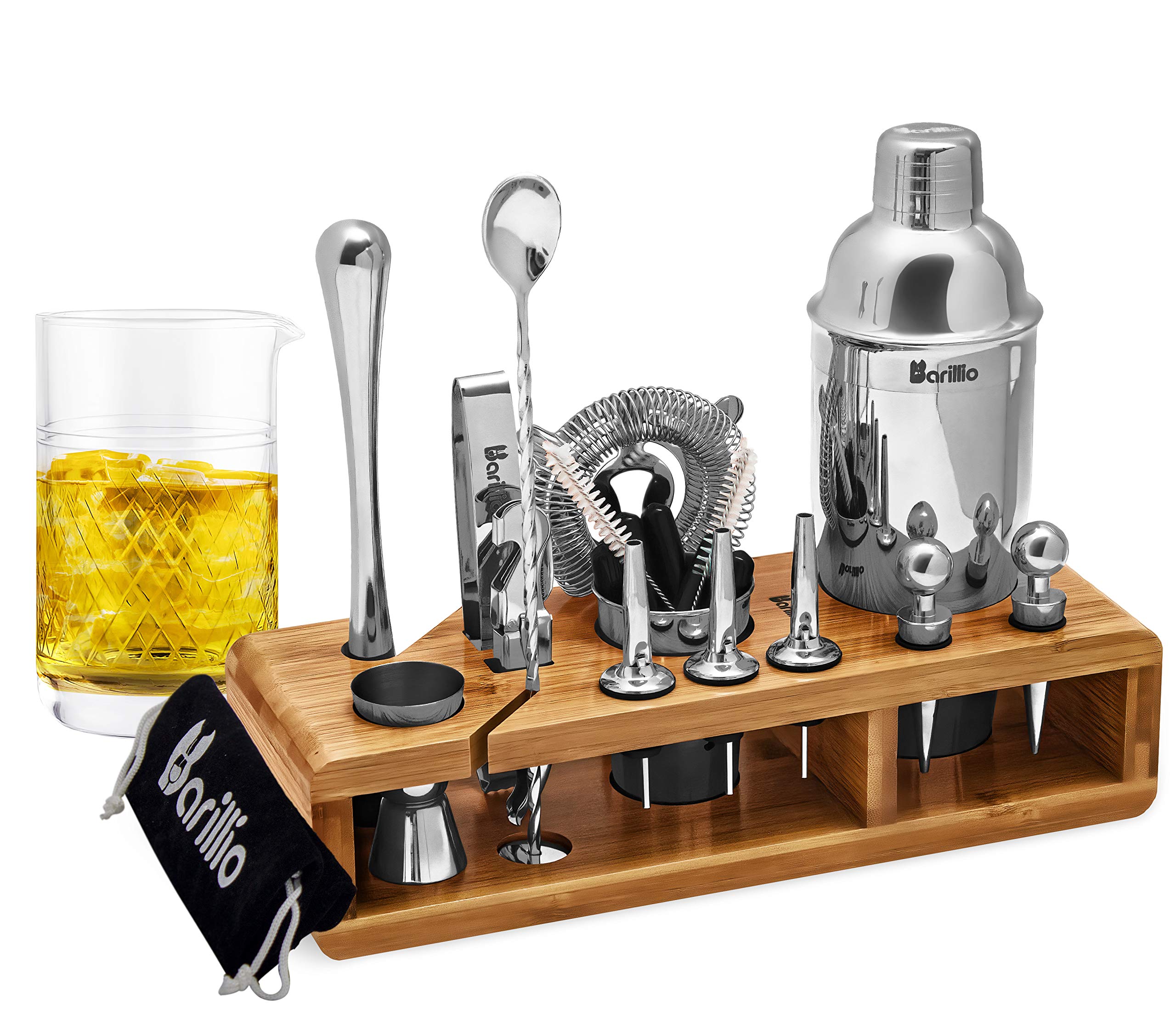 Elite 23-Piece Bartender Kit Cocktail Shaker Set Bundle With 20 Oz Crystal Cocktail Mixing Glass | Stainless Steel Bar Tools With Sleek Bamboo Stand & Seamless Mixing Pitcher for Stirred Cocktail