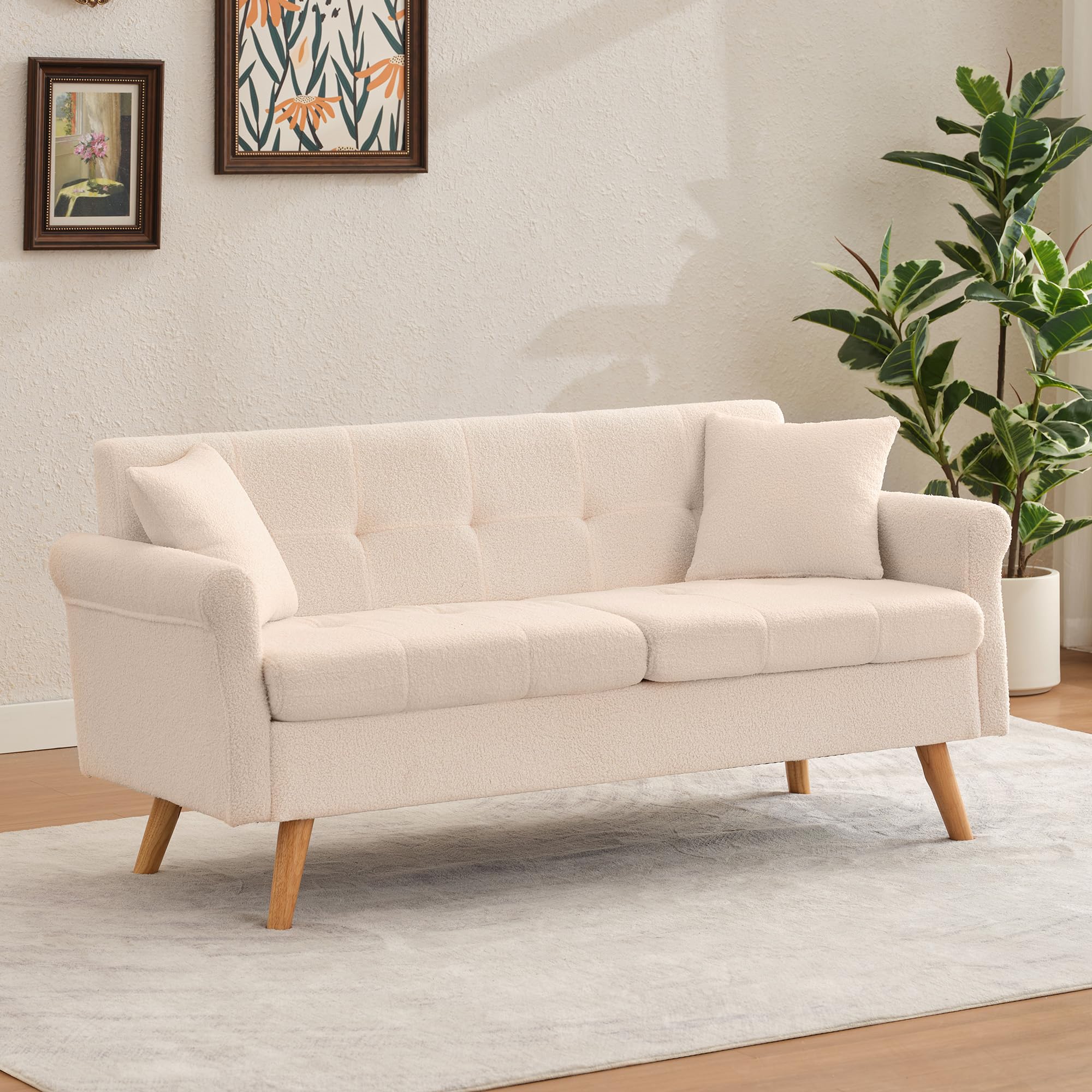 Kingfun Loveseat Sofa, White Love Seat Couches with Throw Pillow, Boucle Small Sofa for Living Room, Bedroom, Office, Button Tufted Upholstered Furniture, Easy to Install