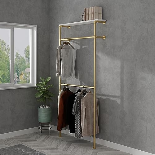 LANJIN Industrial Pipe Clothing Rack,Clothes Rack for Wardrobe, Bedroom and As Walk-in Closet System.Sturdy Clothing Racks for Hanging Clothes,Wall Mounted Heavy Duty Clothes Rack,Gold A