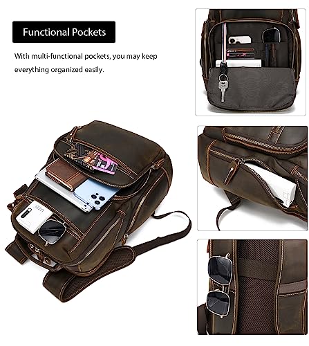 LANNSYNE Vintage Full Grain Genuine Leather Backpack For Men, fits 16" Laptop Travel Hiking Bag Camping Rucksack Brown