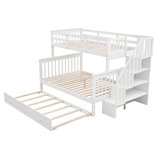 Polibi Twin-Over-Full Stairway Bunk Bed with Storage,Twin Size Trundle and Guard Rail,Bunk Bed Frame Convertible into 2 Beds for Bedroom,Dorm,or Adults,White