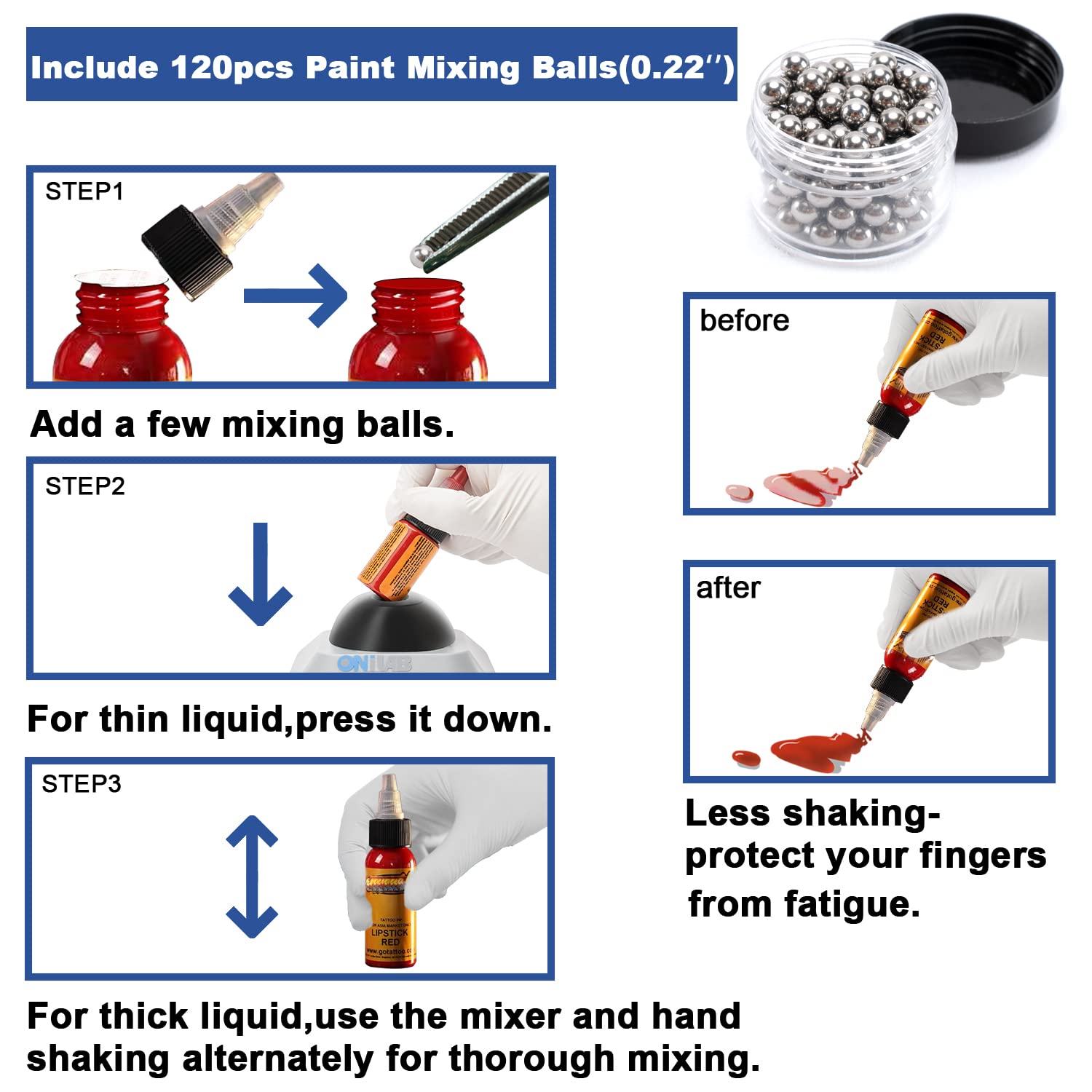ONiLAB Mini Vortex Mixer with Touch Function, Lab Mixing, Nail Polish,Tattoo Ink,Eyelash Adhesives and Acrylic Paints Mixing, Lab Vortexer for Tubes,Include 120 pcs Stainless Steel Mixing Balls