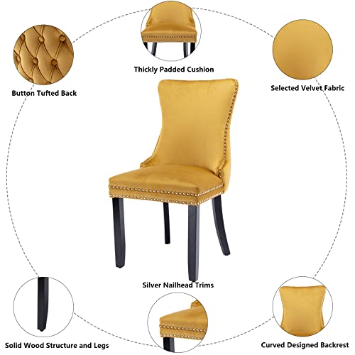Velvet Upholstered Dining Chairs Set of 2 Wingback Kitchen Room Accent Chairs Solid Wood Leg Dinner Chairs with Nailhead Trim Button Tufted Back,Stylish,Luxury and Elegant (Golden Yellow)