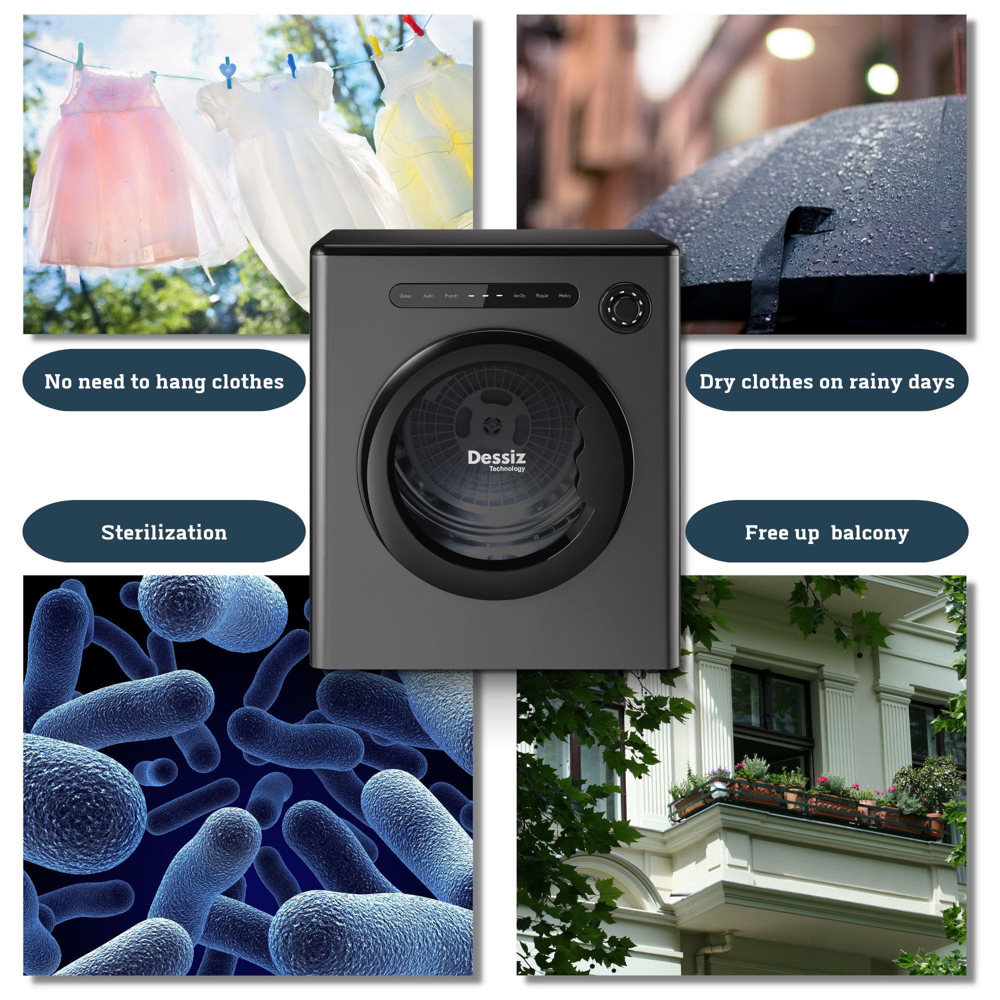 Dessiz Digital Control Compact Laundry Dryer - 10lbs Capacity, Portable Clothes Dryer Machine for Small Spaces, RVs and Apartments - Quiet, Sturdy and Easy to Use - Supplemental Dryer for Existing Laundry Machines - Drying Excellence Guaranteed