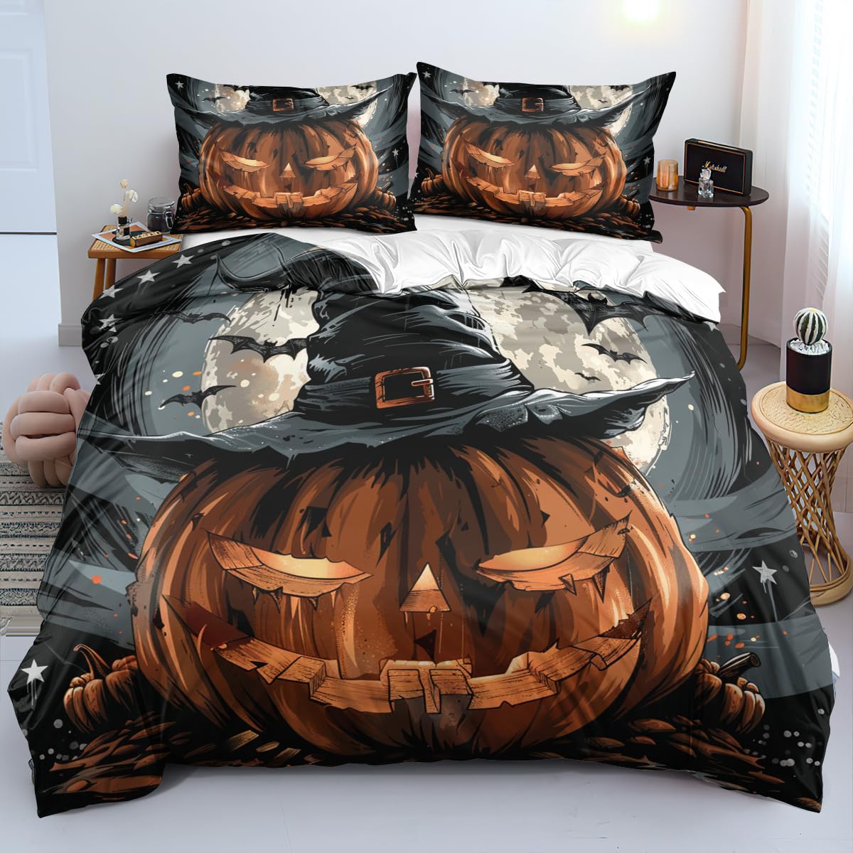 Menkala Halloween Chic Full Bedding Set Jack-O'-Lantern Duvet Pumpkin Lantern Comforter All Season Black Bats Animal Breathable Bedding Breathable Twinkling White Spider Silk Bat Bed Set Kid