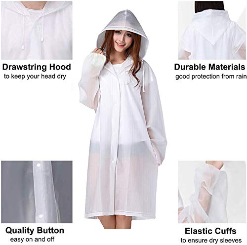 Exptolii Rain Poncho for Adults, 2 Pack EVA Reusable Raincoat Emergency Rain Gear Jacket with Hood (White)