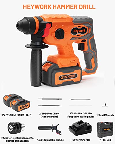Heywork Cordless Rotary Hammer Drill, 4 Modes Variable Speed and Adjustable Handle, SDS-Plus Chuck Hammer Drill with 21V 2*4.0Ah Li-ion Battery and Charger, Electric Hammer Drill for Wall, Concrete.