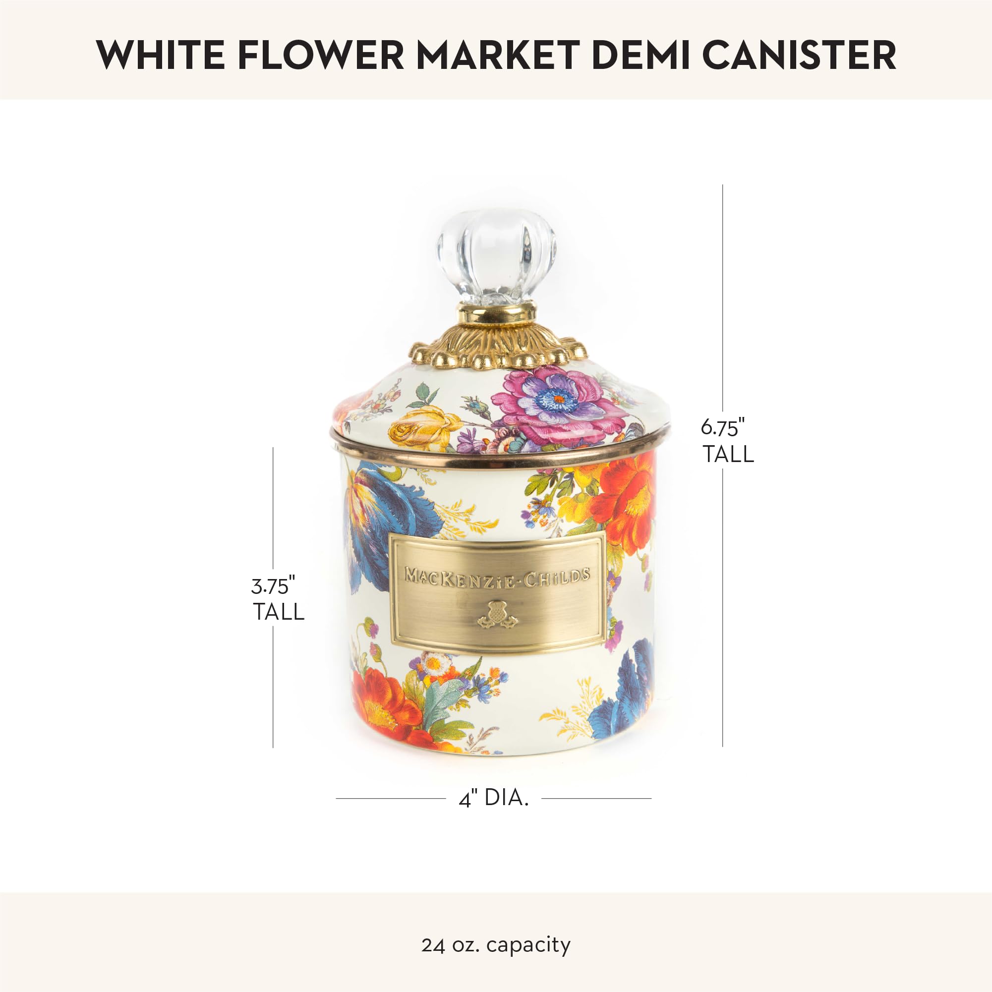 MACKENZIE-CHILDS Demi Enamel Canister, Kitchen Storage Container for Sugar or Loose-Leaf Tea, 24 Ounces, White Flower Market