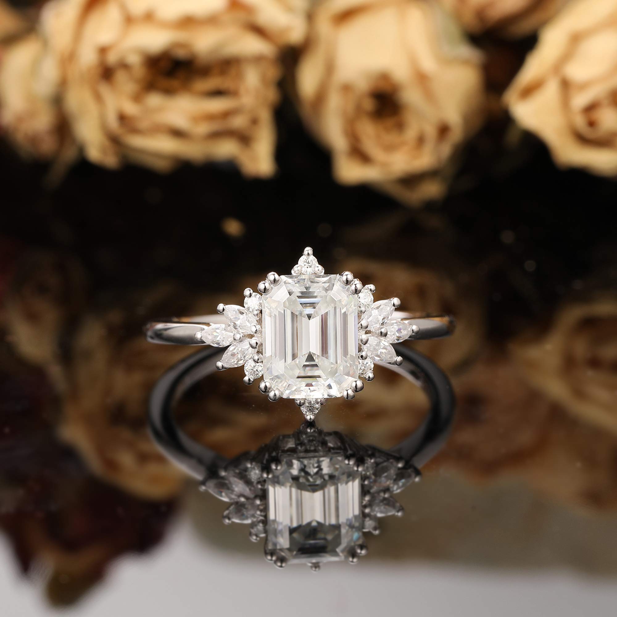Esdomera Moissanite Engagement Rings 2.00ct Excellent Emerald Cut 6x8mm Moissanite Platinum Plated Silver Rings for Women (4)