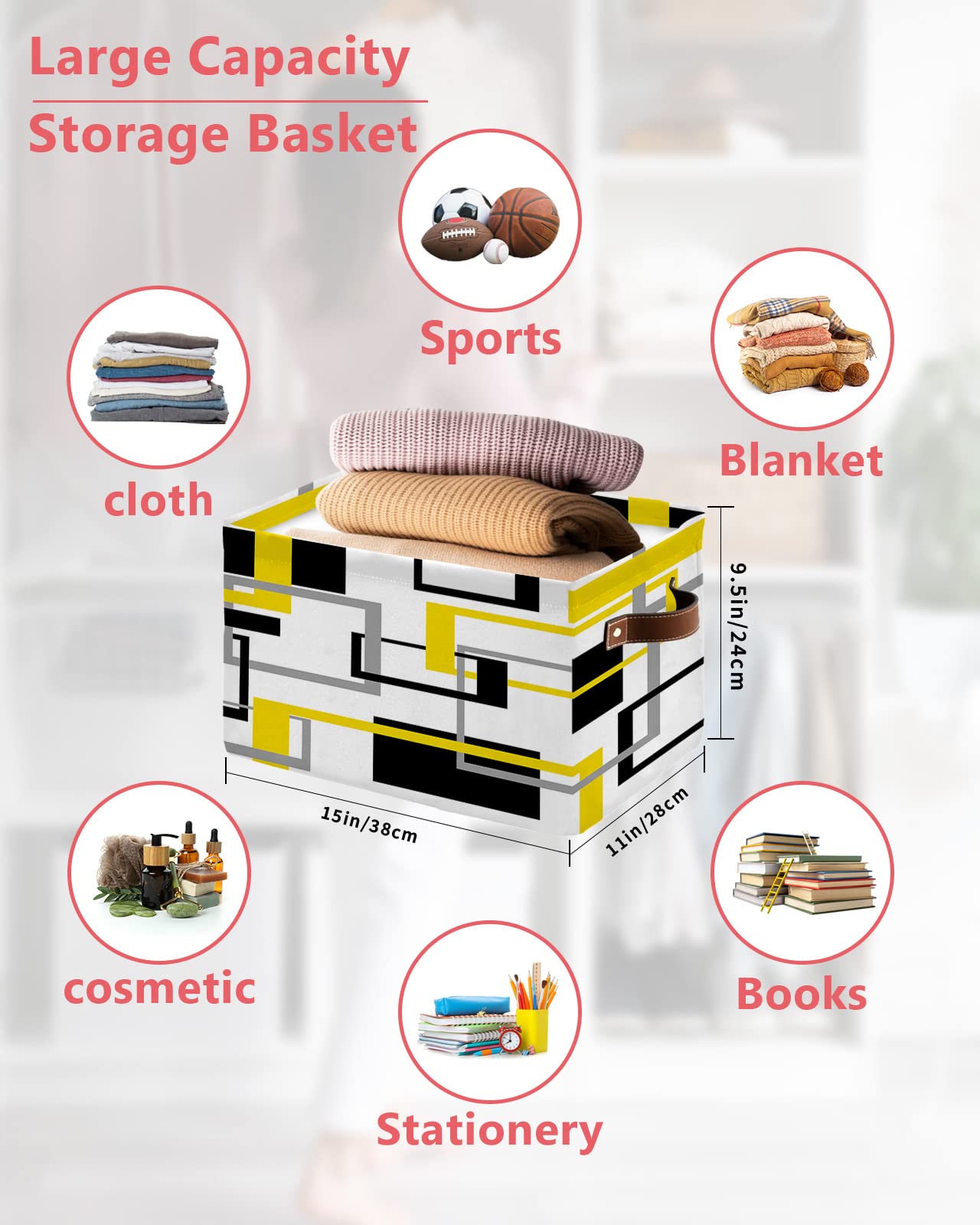 Cube Storage Bins Cloth Towel Organizer Mid Century Abstract Modern Geometric Pattern Square Yellow Black Fabric Collapsible Storage Baskets with Handles 1 Pack