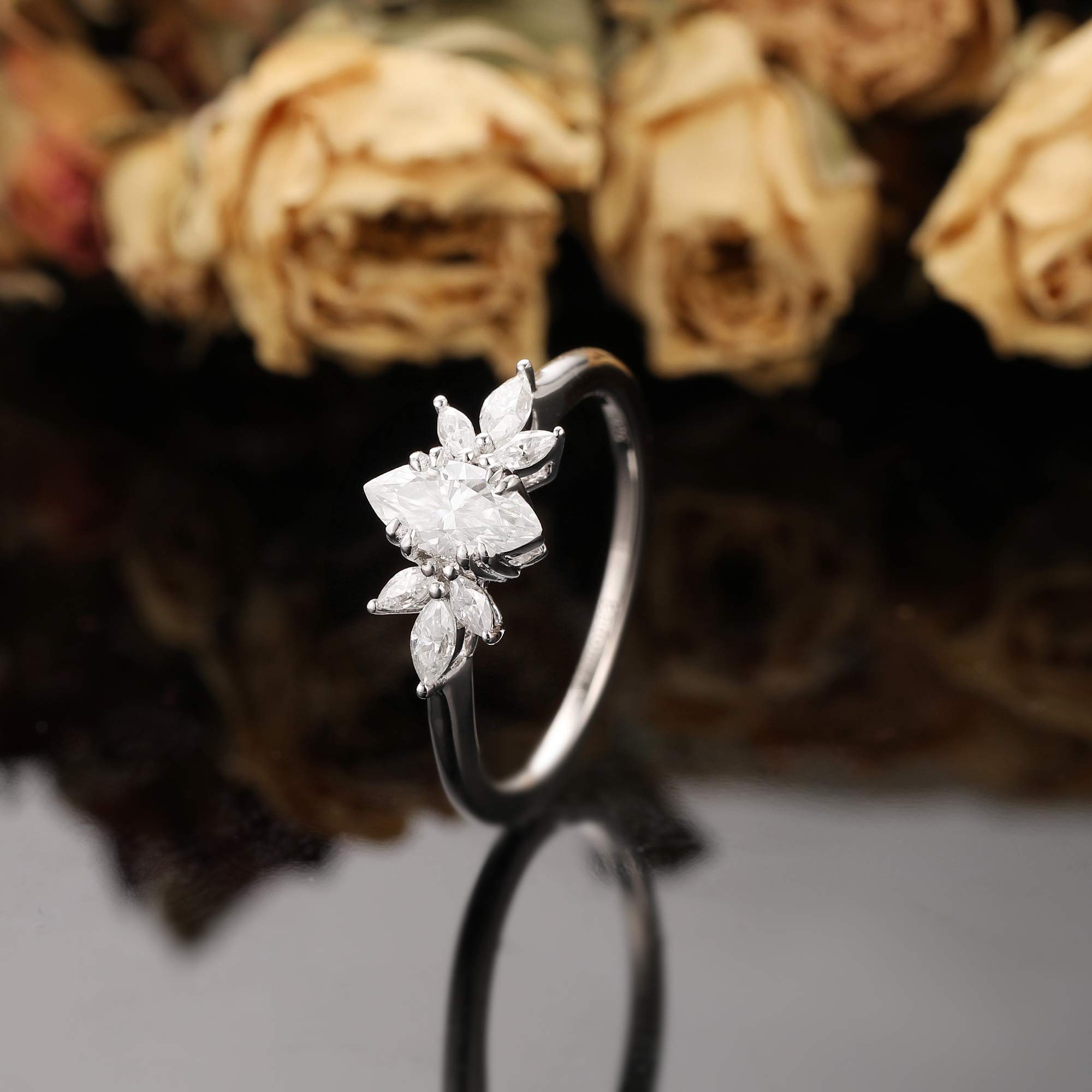 Esdomera Moissanite Wedding Anniversary Ring 0.50ct Excellent Marquise Cut 4x8mm Moissanite Platinum Plated Silver Rings for Women (6)