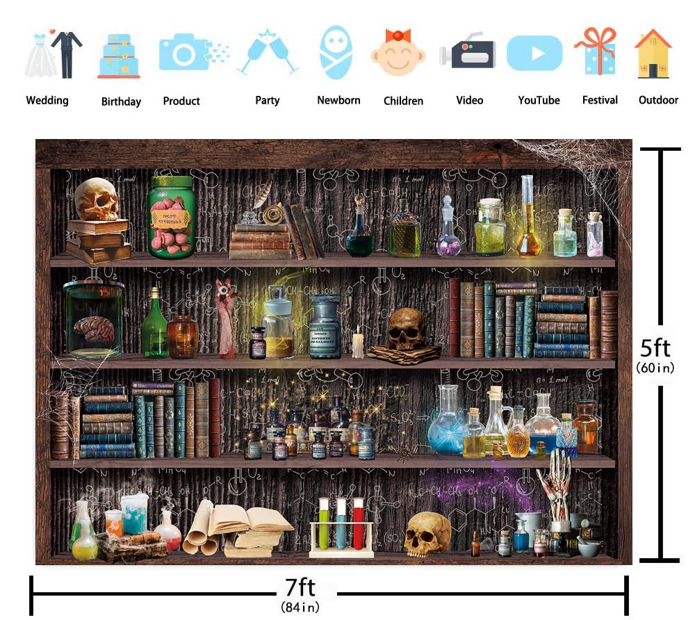 Mad Scientist Laboratory Backdrop for Kids Halloween Magic School Background Spooktakular Creepy Skull Poison Apothecary Witch Kitchen Hallowmas Baby Shower Party Decorations Banner (7X5FT(82x59inch))
