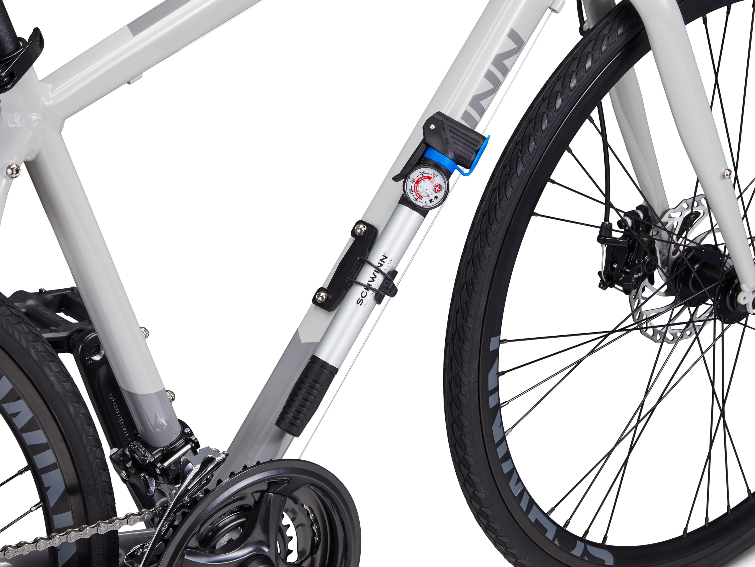 Schwinn Air Sport Plus, Bike Frame Hand Pump with Rotating Pump Head, Pressure Gauge, Pumps 120 Max PSI, Dual Head Fits Schrader and Presta Valve Types, Silver