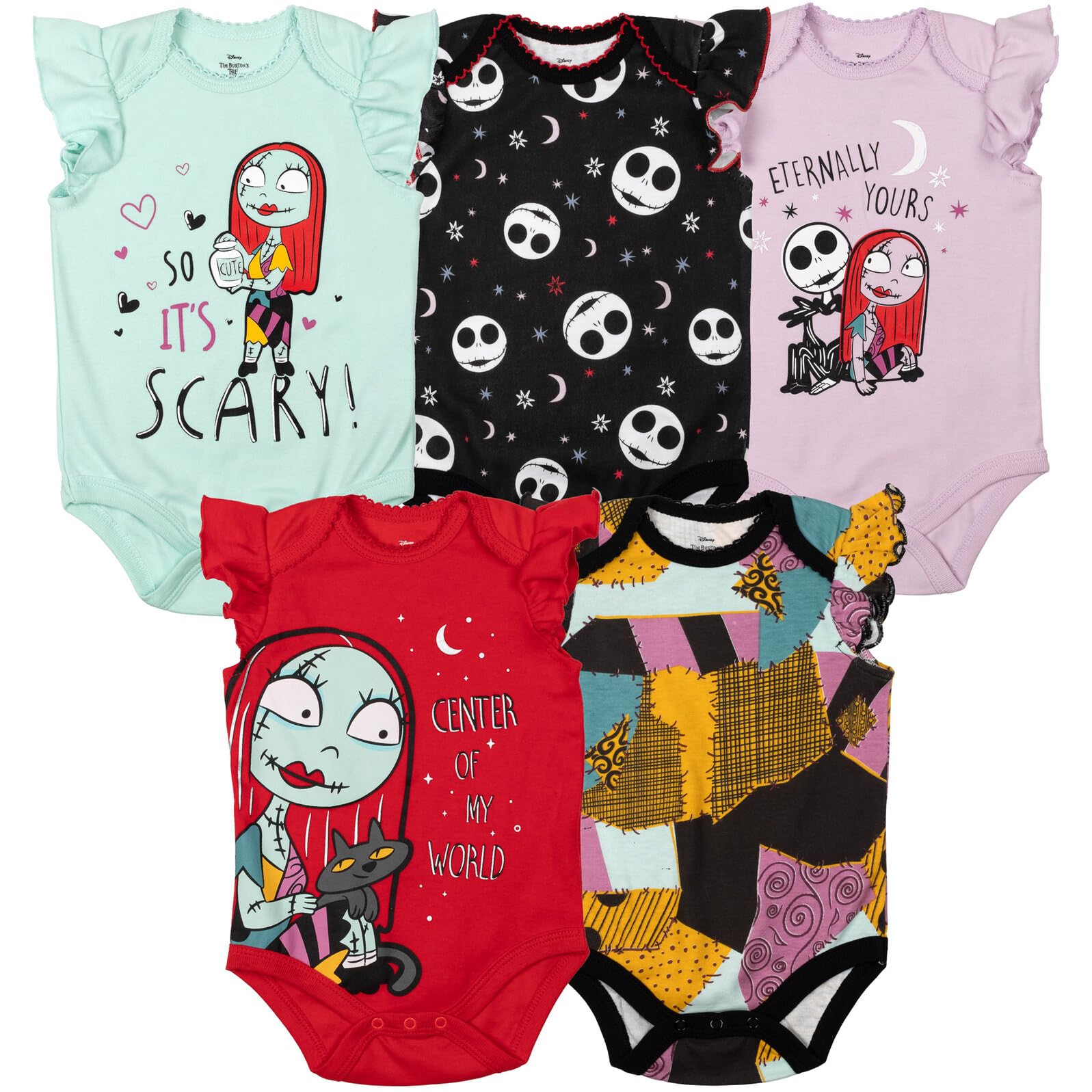 Disney Nightmare Before Christmas Jack Skellington Sally Newborn Baby Girls 5 Pack Cuddly Short Sleeve Baby Bodysuits Multicolor 3-6 Months