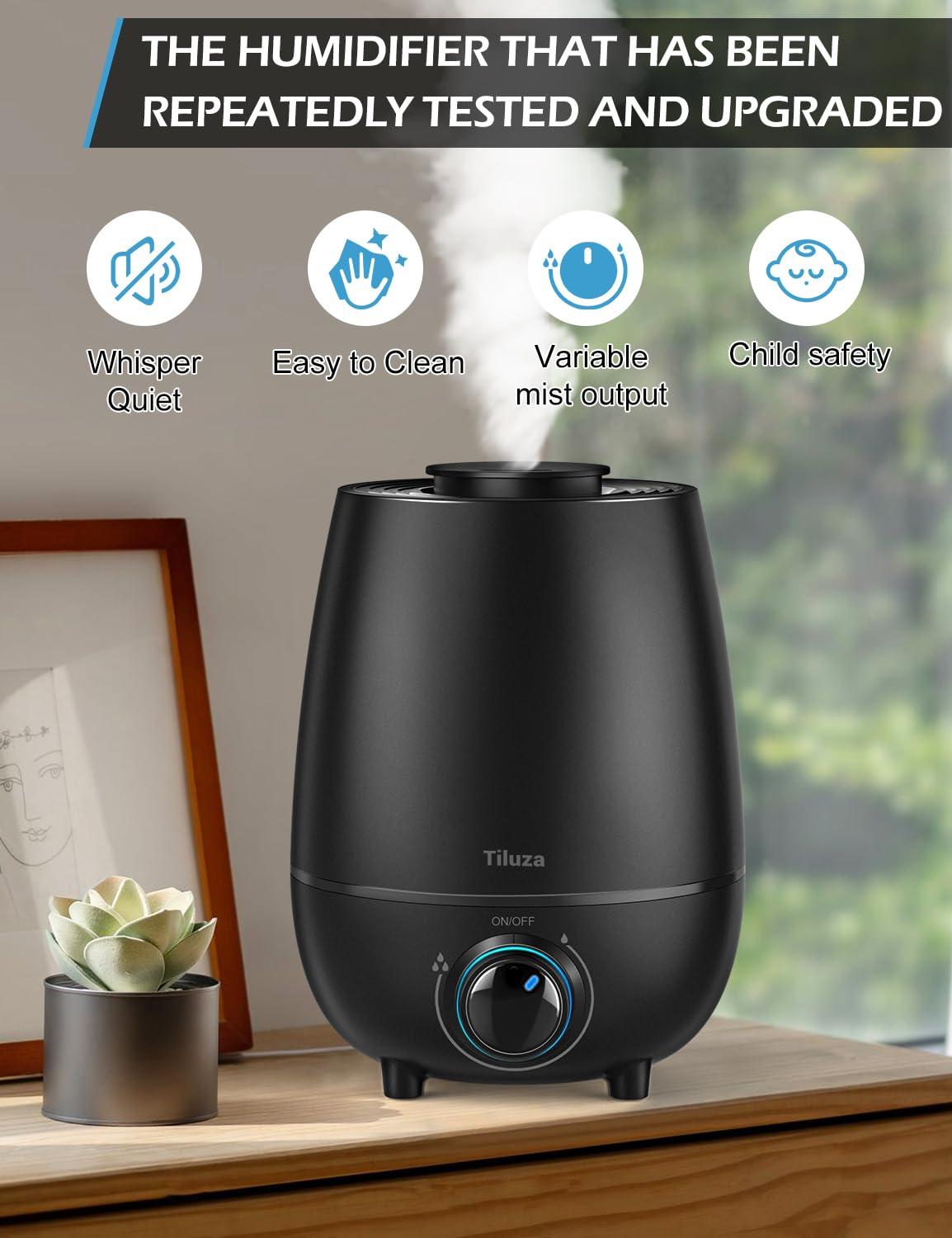 Humidifiers for Bedroom, Tiluza 3L Cool Mist Humidifier for Home Plant and Baby Nursery, Top Fill Quiet Ultrasonic Air Humidifier with 360° Nozzle, Auto Shut-Off, Filterless