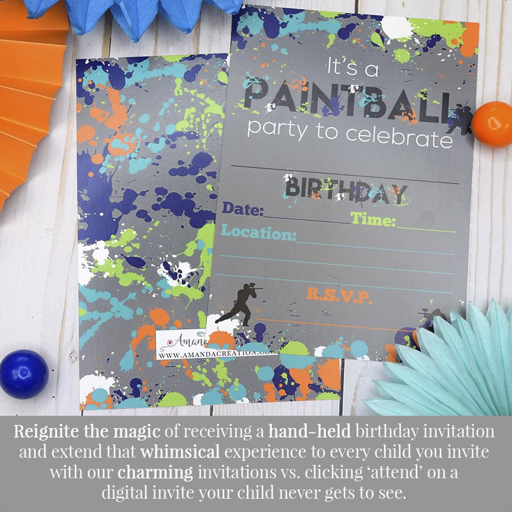 Paintball Themed Birthday Party Invitations, 20 5x7 Fill In Cards with Twenty White Envelopes by AmandaCreation
