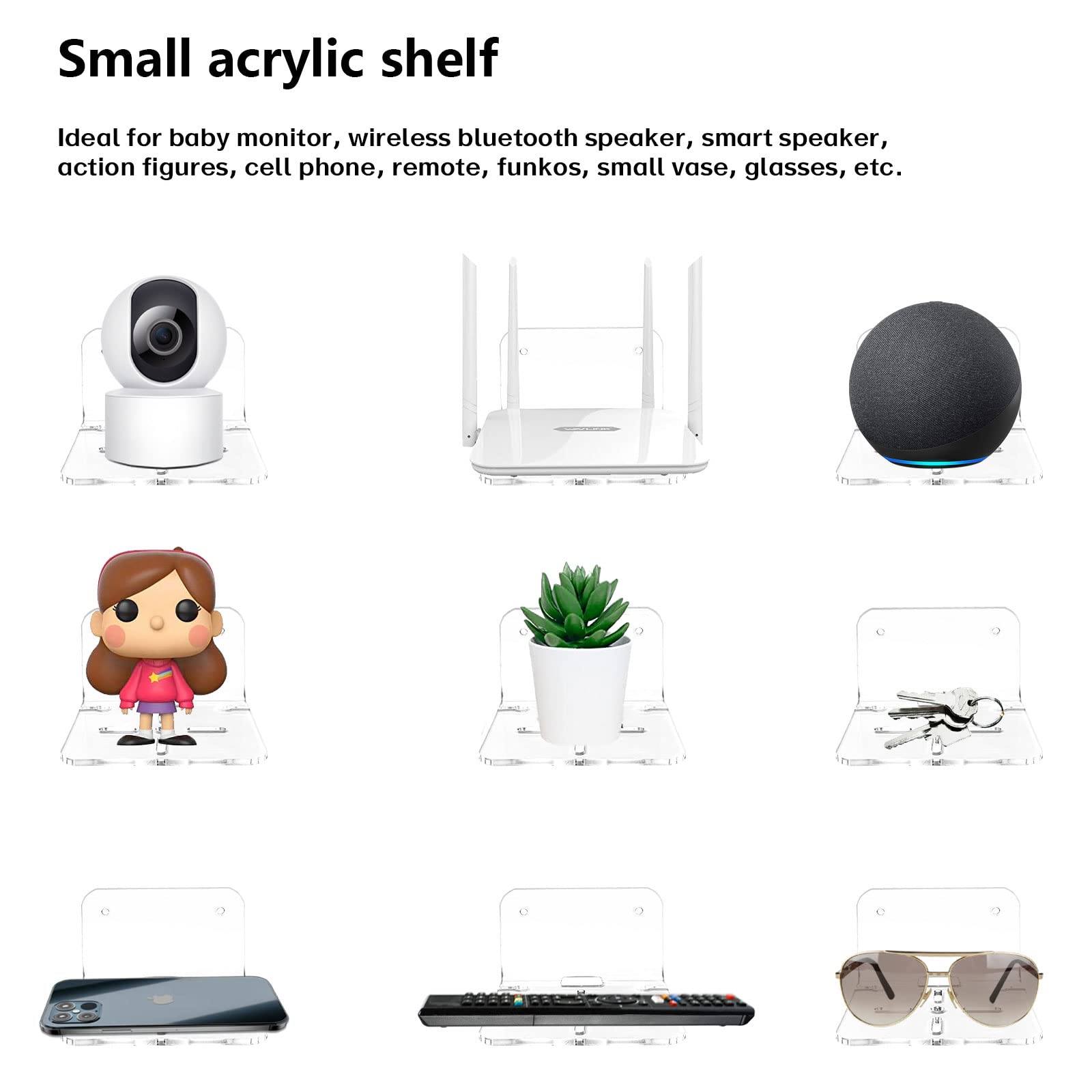 HAYVAN Acrylic Small Wall Shelf Set of 3 for Security Cameras, Baby Monitors, Speakers & More - 4'' Universal No Drill Shelves Easy to Install with Strong Tapes, Screws & Rubber Plug (White)