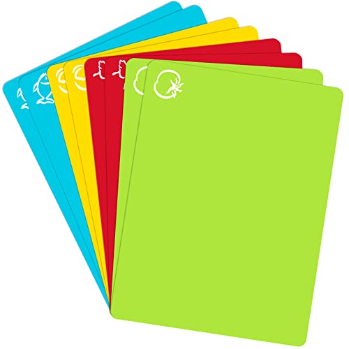 Elyum Cutting Boards, Colored Cutting Mat Flexible Plastic Cutting Board Set Chopping Board with Food Icons, Dishwasher Safe Cutting Boards for Kitchen Meat and Vegetables (Set of 8, 14.6" x 11")