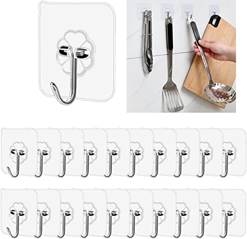 NEMIBAD 20pcs Transparent Wall Hooks 22lbs (Max) Heavy Duty Self Adhesive Hooks, Waterproof Self Adhesive Hooks, Kitchen Bathroom Hooks Wall Hooks Room Door Hooks Command Hooks