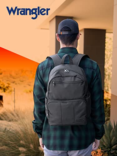 Wrangler Industry Backpack Classic Logo Water Resistant Casual Daypack with Padded Laptop Notebook Sleeve (Black)