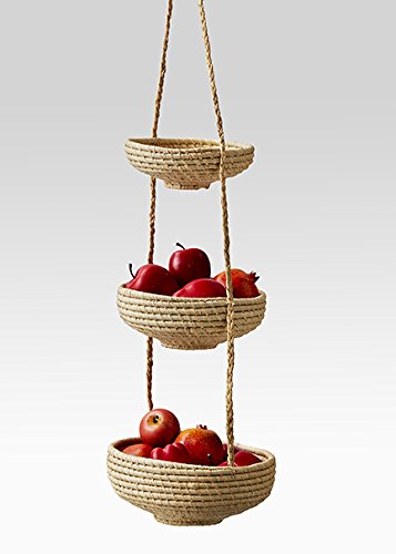 Serene Spaces Living Hanging Raffia Baskets for Your Kitchen – 3 Fair Trade Handmade Decorative Storage Baskets from Madagascar for Fruit and Vegetables