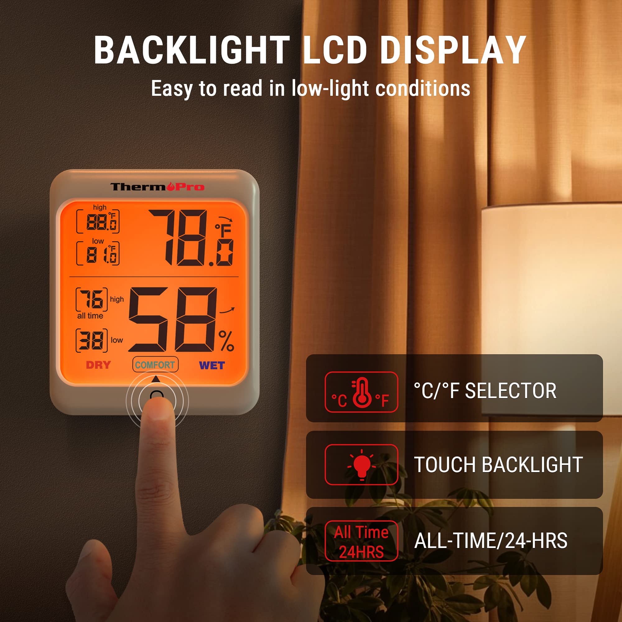 ThermoPro TP53 Digital Hygrometer Indoor Thermometer for Home, Temperature Humidity Sensor with Comfort Indicator & Max Min Records, Backlight Display Room Thermometer Humidity Meter, LCD