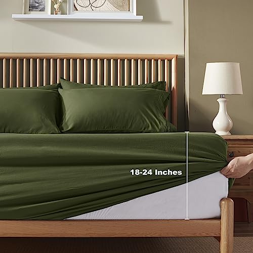 Homiest Extra Deep Pocket Queen Size Sheets Set, 6 Pieces Soft Olive Green Sheets 18-24 Inch Deep Pocket Bed Sheets, Hotel Luxury 1800 Thread Count Microfiber Bed Set Fits Ultra Deep Mattress
