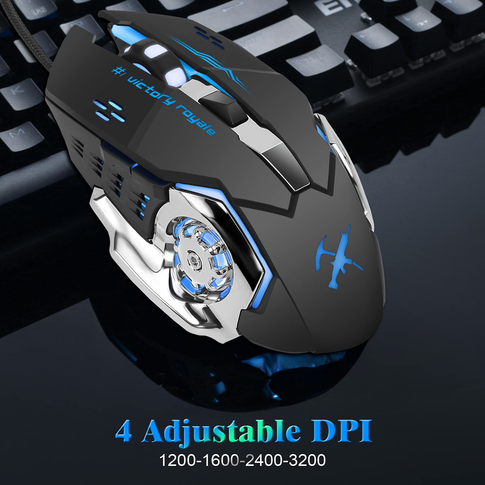 FIYOO Battle Royale Gaming Mouse,LED Backlit Optical Game Mice Ergonomic USB Wired Mouse Compatible with Laptop PC, 7 Buttons, 4 Adjustable DPI