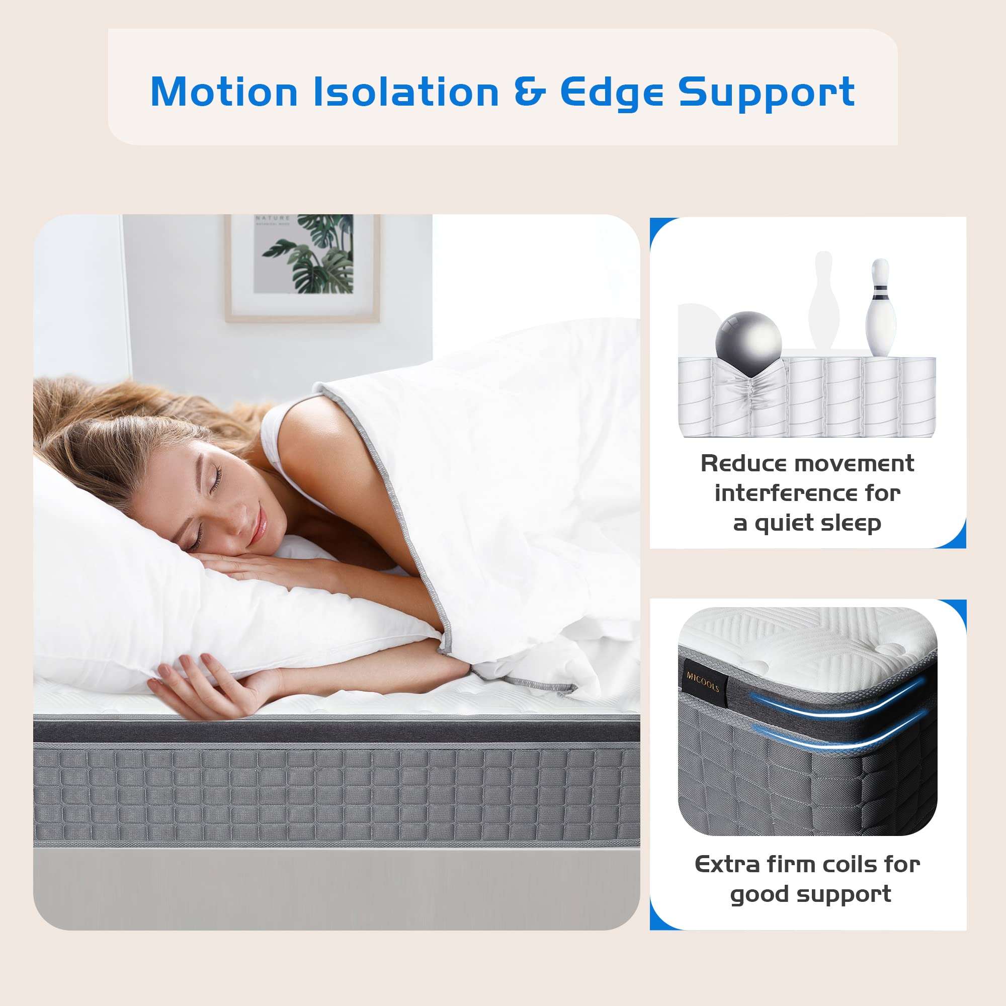 MICOOLS Twin Mattress,14 inch Hybrid Mattress in a Box Memory Foam Breathable Comfortable,Motion Isolation Individually Wrapped Coils,Euro Top Medium Firm Twin Size Mattress