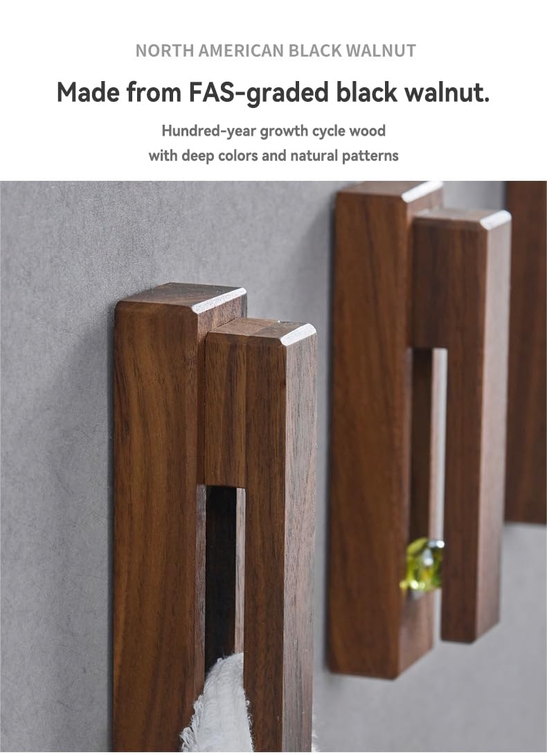NOCITTA 2 Piece Wooden Wall Mounted Bathroom Towel Hangers, Hanging Clothes Hooks, Handmade Black Walnut Towel Hangers, Adhesive Hooks No Hole Punching, Quick Installation, Load Capacity 15kg