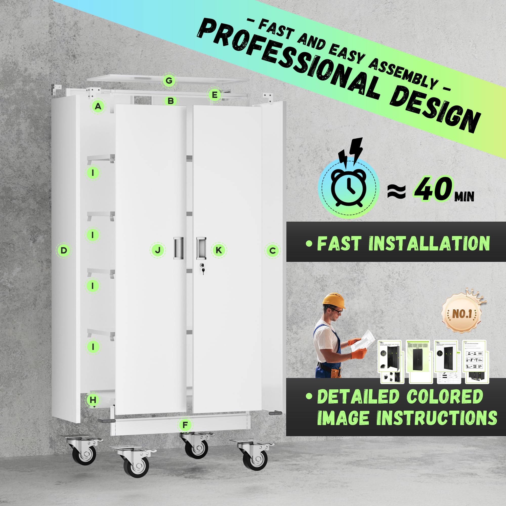 INTERGREAT 72" Metal Garage Storage Cabinet with Wheels, White Steel Locking Cabinet with 2 Adjustable Shelves and Doors, Rolling Metal Tool Cabinet for Home, Office, School, Garage