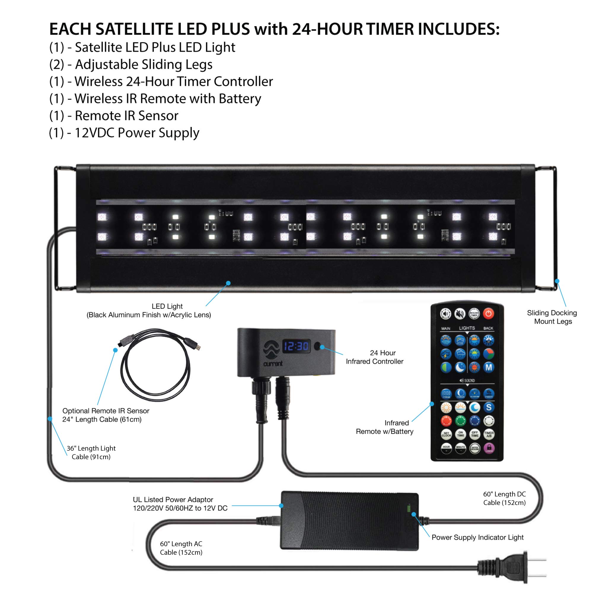 Current USA 36-48" Inch Satellite Freshwater LED Plus Full Spectrum RGB+W Light for Aquariums | Wireless 24 Hour Remote Control Fish Tank Lighting (4507)