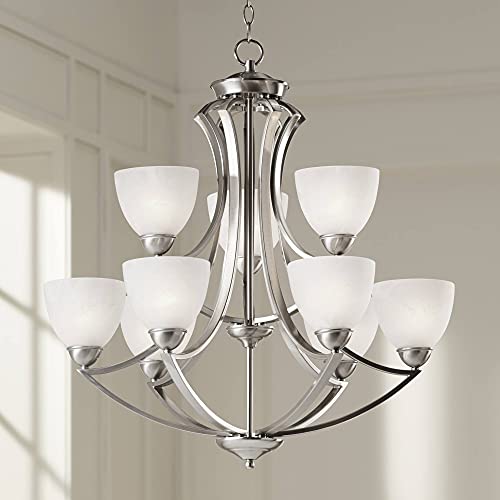 Possini Euro Design Milbury Satin Nickel Chandelier 30" Wide Modern White Alabaster Glass 2 Tier 9-Light Fixture for Dining Room House Foyer Entryway Kitchen Bedroom Living Room High Ceilings