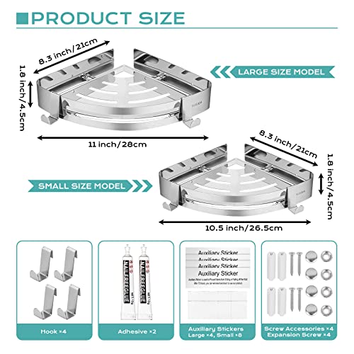 Misounda Shower Rack, Corner Shower Caddy with 4 Hooks - 2 Pack, No Drilling Wall Mounted Shower Caddy, Shower Organizer for Bathroom Storage - Small