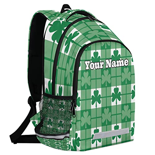 Herdesigns Custom St Patricks Da Backpack for Men Women with Name Personalized Plaid Lucky Clover Green Shamrocks Shoulder Traveling Bag with Name Customized Travel Laptop Bag Casual Backpacks