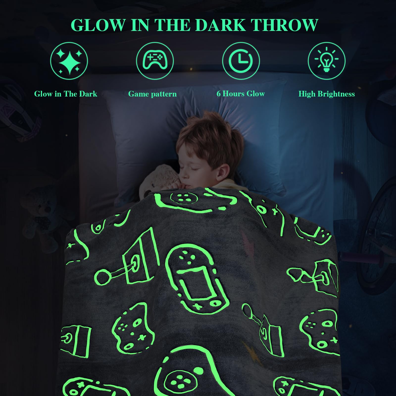 LANJING Glow in The Dark Blanket for Boys, Game Controller Throw Blanket 50"×60" Bed Blanket Couch Blanket for Kids, Outdoor Travel Throw Blanket