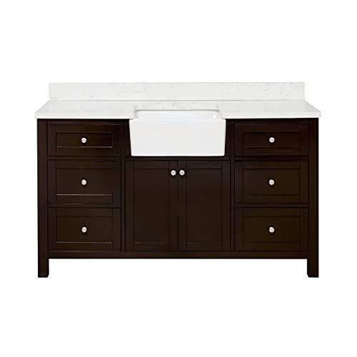 Kitchen Bath Collection Yorkshire 60-inch Farmhouse Single Bathroom Vanity (Engineered Marble/Chocolate): Includes Chocolate Cabinet with Engineered Marble Countertop and White Apron Sink