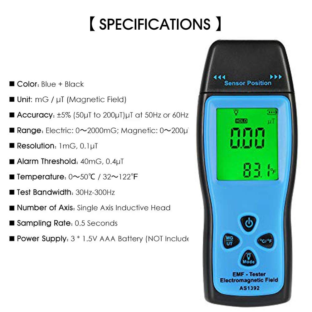 EMF Meter,Handheld Electromagnetic Field Tester, Radiation Meter, 0~2000mG/0~200μT, 0.1μT Resolution, 30Hz~300Hz, for Home Appliances, Power Lines and Industrial Equipments