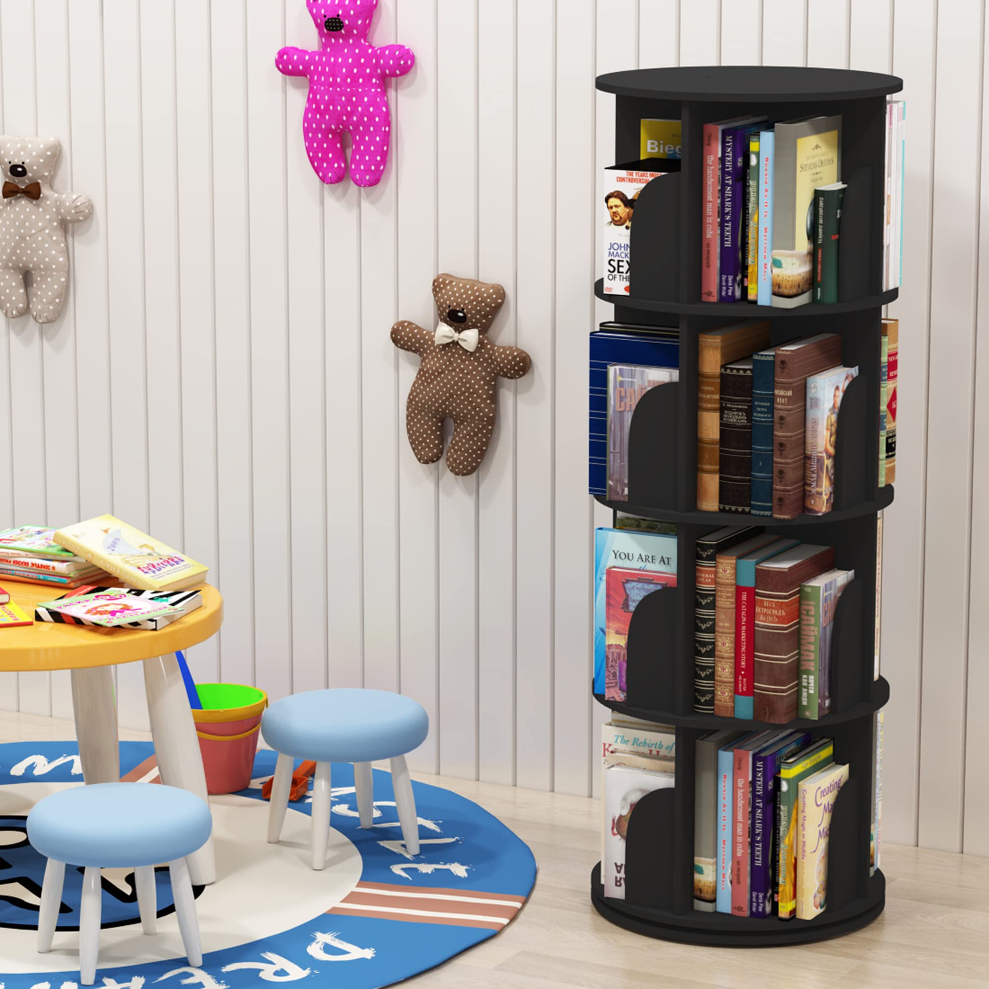INTEXCA & DESIGN 4 Tier 360° Rotating Stackable Shelves Bookshelf Organizer (Black), White, RotatingBookshelf_5Tier_White