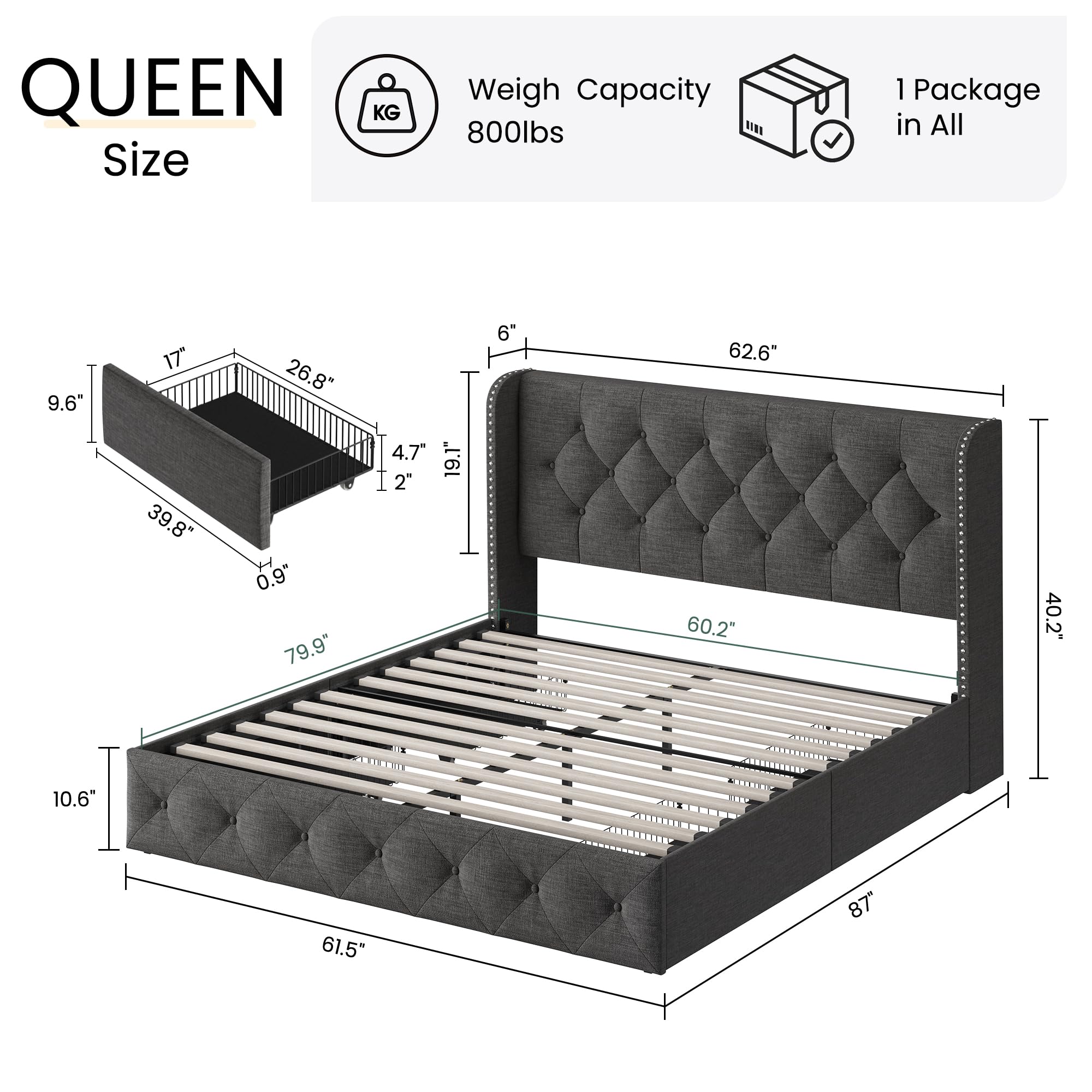 LARMACE King Size Bed Frame with 4 Storage Drawers and Wingback Headboard Linen Upholstered Platform Bed Tufted Bed Frame with Wood Slats Support, No Box Spring Needed, Light Grey