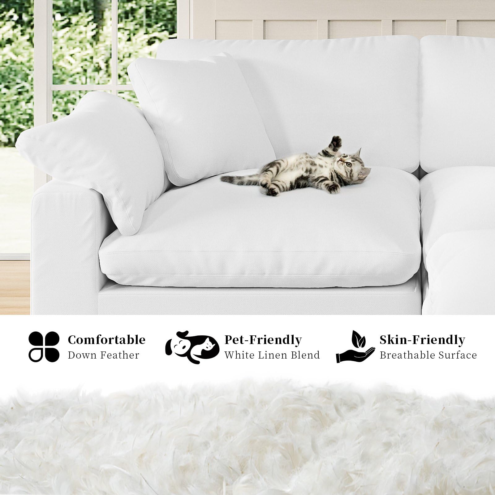 Intuition Decor Modular Sectional Sofa Cloud Couch,Down Filled Comfy Cloud Modern Sofa,White Linen L Shape Oversized Couch Cushion Covers Removable for Living Room, 3 Seater+1 Ottoman